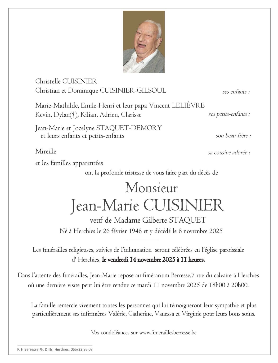 Monsieur Jean-Marie Cuisinier – Funérailles Berresse & Fils